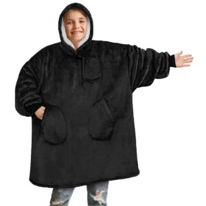 pavilia wearable blanket sweatshirt for kids boy girl, warm cozy giant hoodie with two pockets and long sleeves, fleece sherpa oversized hooded blanket pullover gift for teens youths, black