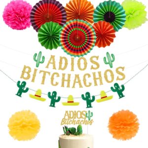 sursurprise adios bitchachos decorations banner cake topper paper fan pom poms for fiesta, going away, farewell, career change, retirement, college graduation party supplies