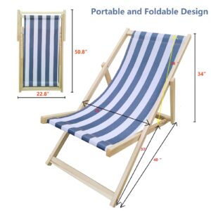 Sybrioka Beach Sling Chair,Outdoor Lounge Chair, Folding Patio Reclining, Camping Chairs with Adjustable Wood Backrest, for Outside Lawn Deck Pool (Blue)