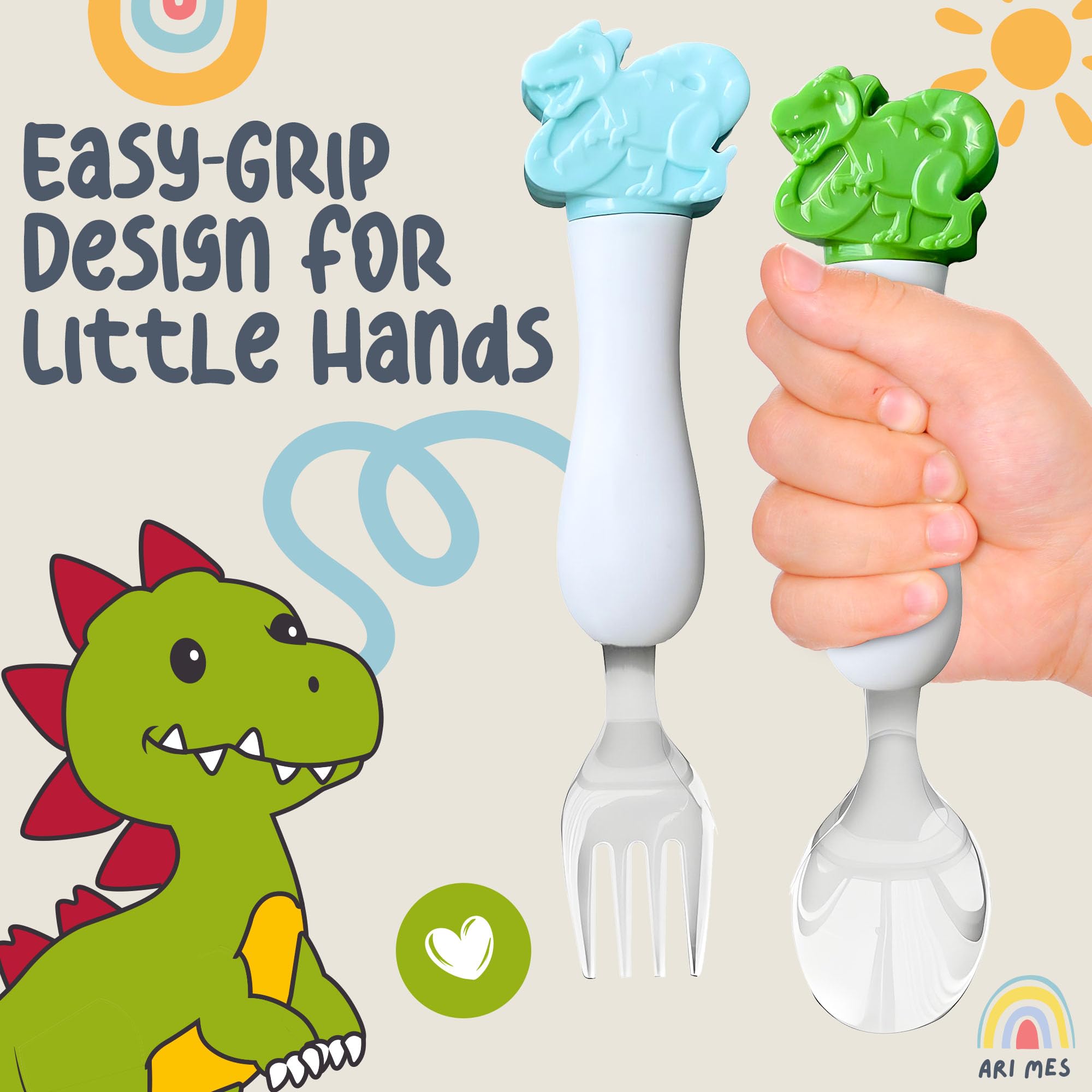 ARI MES - Toddler, Kid Utensils Set, Dinosaur Spoon and Fork Set for Toddlers, Kid Forks and Spoons, Easy-Grip Small Utensils, Dinosaur Utensils for Toddlers, Kid Spoons and Forks, Childrens Utensils