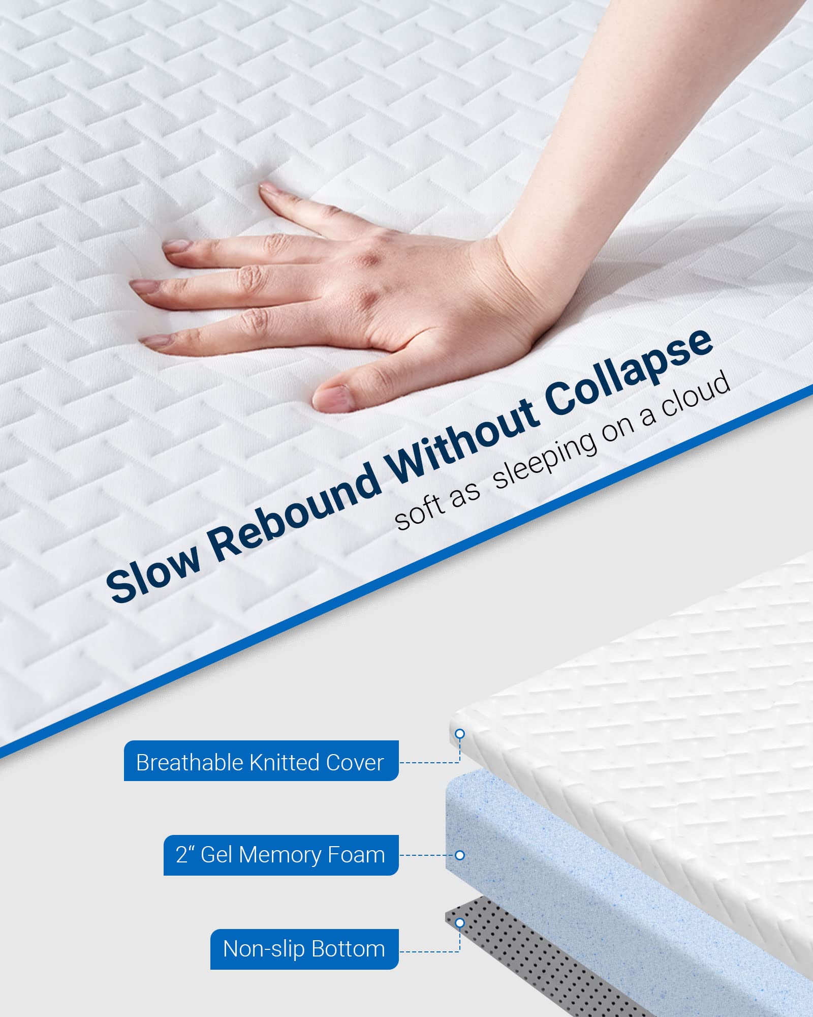 Avenco Gel Memory Foam Mattress Topper 2 Inch Twin Size Bed Topper with Removable Cover for College Dorm, Plush Feeling, CertiPUR-US Certified, White (T4FM05)