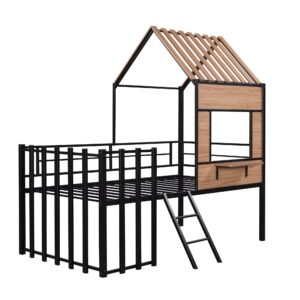 Harper & Bright Designs Kids House Beds Low Loft Bed Frame with Roof, Window, Guardrail and Ladder, Metal Twin Size Loft Bed for Kids Teens Girls Boys (Twin, Black)