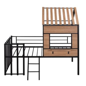 Harper & Bright Designs Kids House Beds Low Loft Bed Frame with Roof, Window, Guardrail and Ladder, Metal Twin Size Loft Bed for Kids Teens Girls Boys (Twin, Black)