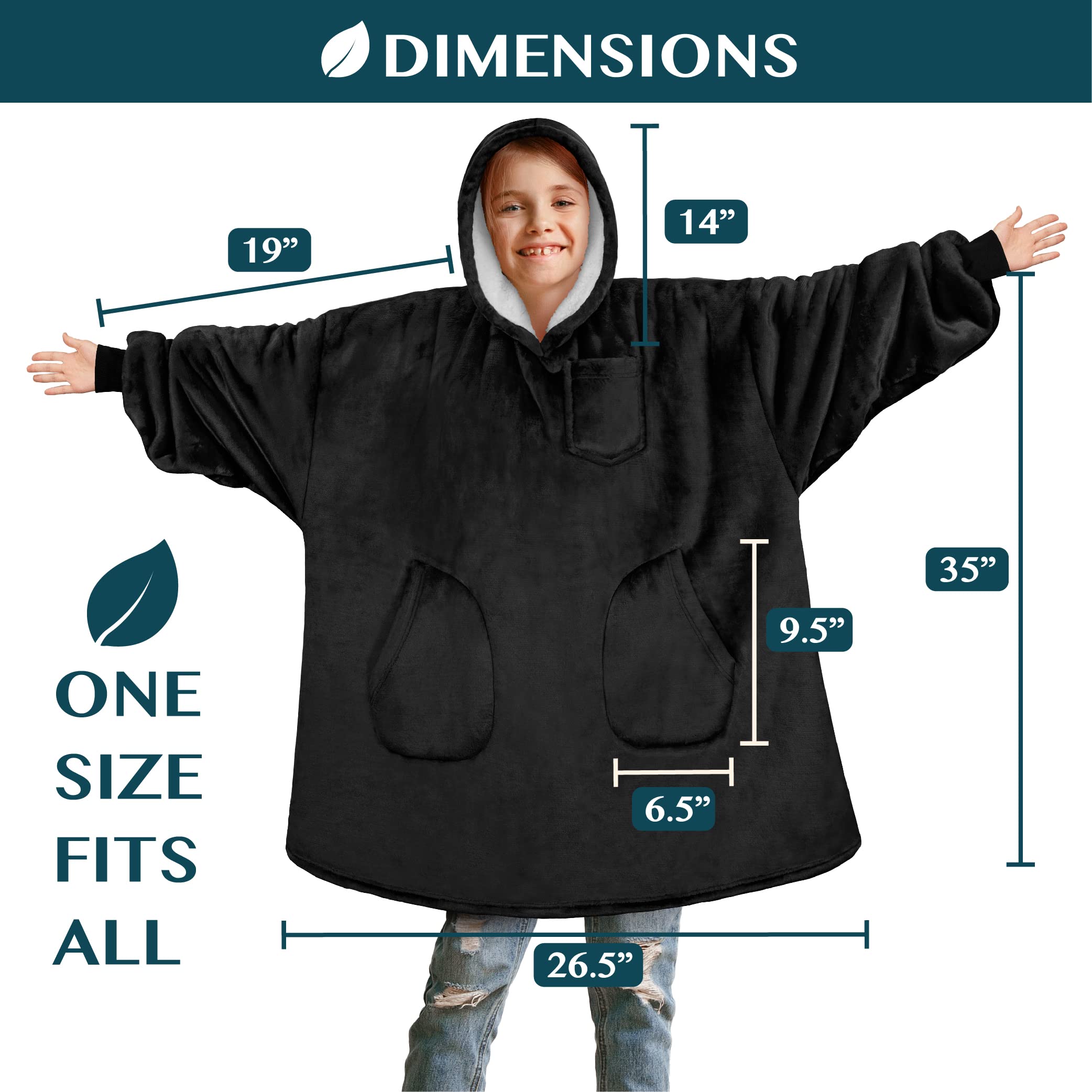 PAVILIA Wearable Blanket Sweatshirt for Kids Boy Girl, Warm Cozy Giant Hoodie with Two Pockets and Long Sleeves, Fleece Sherpa Oversized Hooded Blanket Pullover Gift for Teens Youths, Black