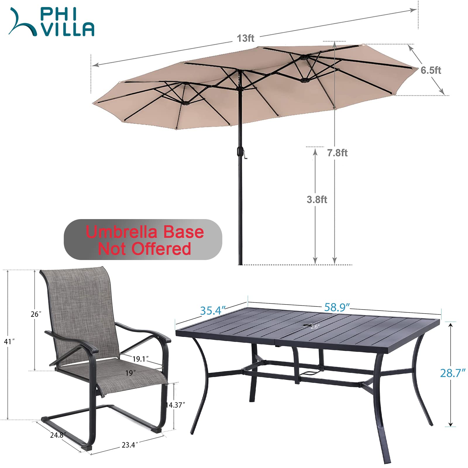 PHI VILLA 7 Piece Outdoor Dining Set with 13ft Double-Sided Large Umbrella for 6, Rectangle Metal Steel Dining Table & Textilene C-Spring Chairs Furniture Set for Patio (Beige)