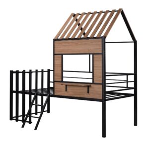 Harper & Bright Designs Kids House Beds Low Loft Bed Frame with Roof, Window, Guardrail and Ladder, Metal Twin Size Loft Bed for Kids Teens Girls Boys (Twin, Black)