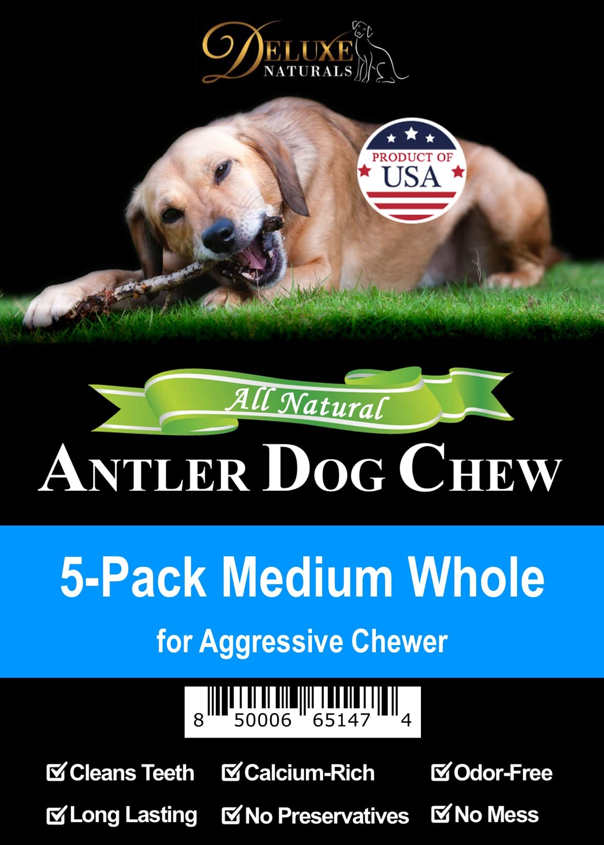 Deluxe Naturals Elk Antler Chews for Dogs | Naturally Shed USA Collected Elk Antlers | All Natural A-Grade Premium Elk Antler Dog Chews | Product of USA, 5-Pack Medium Whole