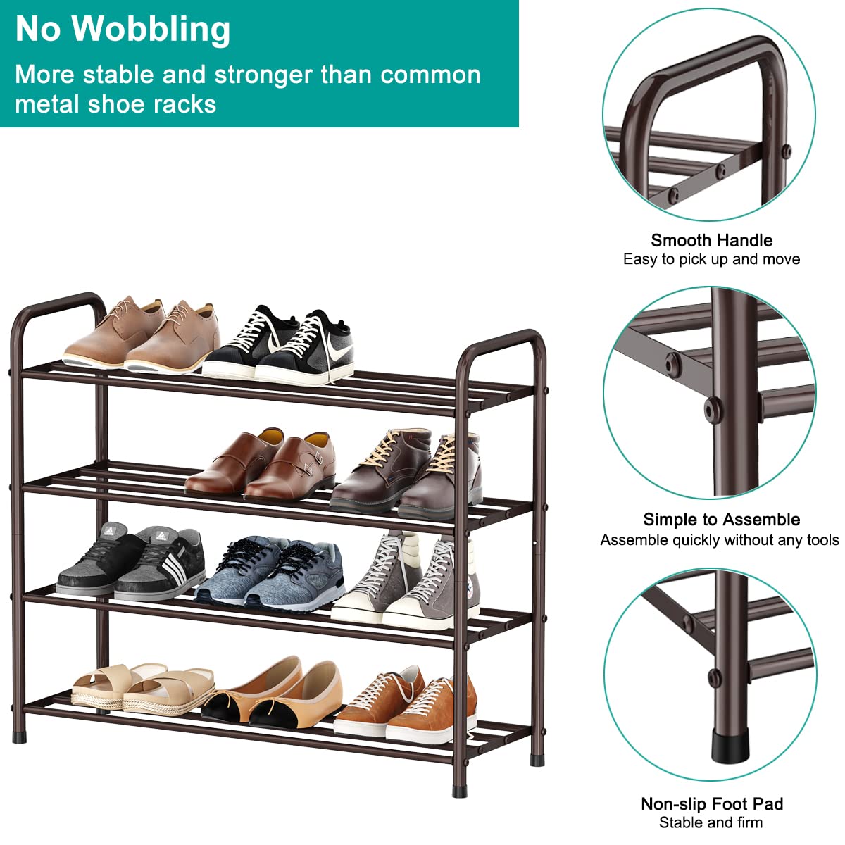 FANHAO 4-Tier Shoe Rack, 100% Stainless Steel Shoe Shelf Storage Organizer 12 Pairs for Closet, Entryway, Bedroom,Dorm Room, Bronze