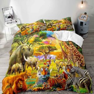 vivihome 2pcs safari animal duvet cover, twin bedding, boys kids bedding, zoo jungle animal tiger lion elephant zebra giraffe african wildlife wild animal comforter bedspread quilt cover, 1 pillowcase