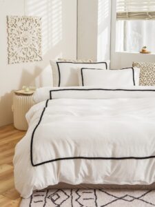 white bedding mini pompom duvet cover set mini cute black pom pom balls fringe design boho aesthetics bedding sets queen 1 pompom duvet cover 2 pillowcases (queen, white)…