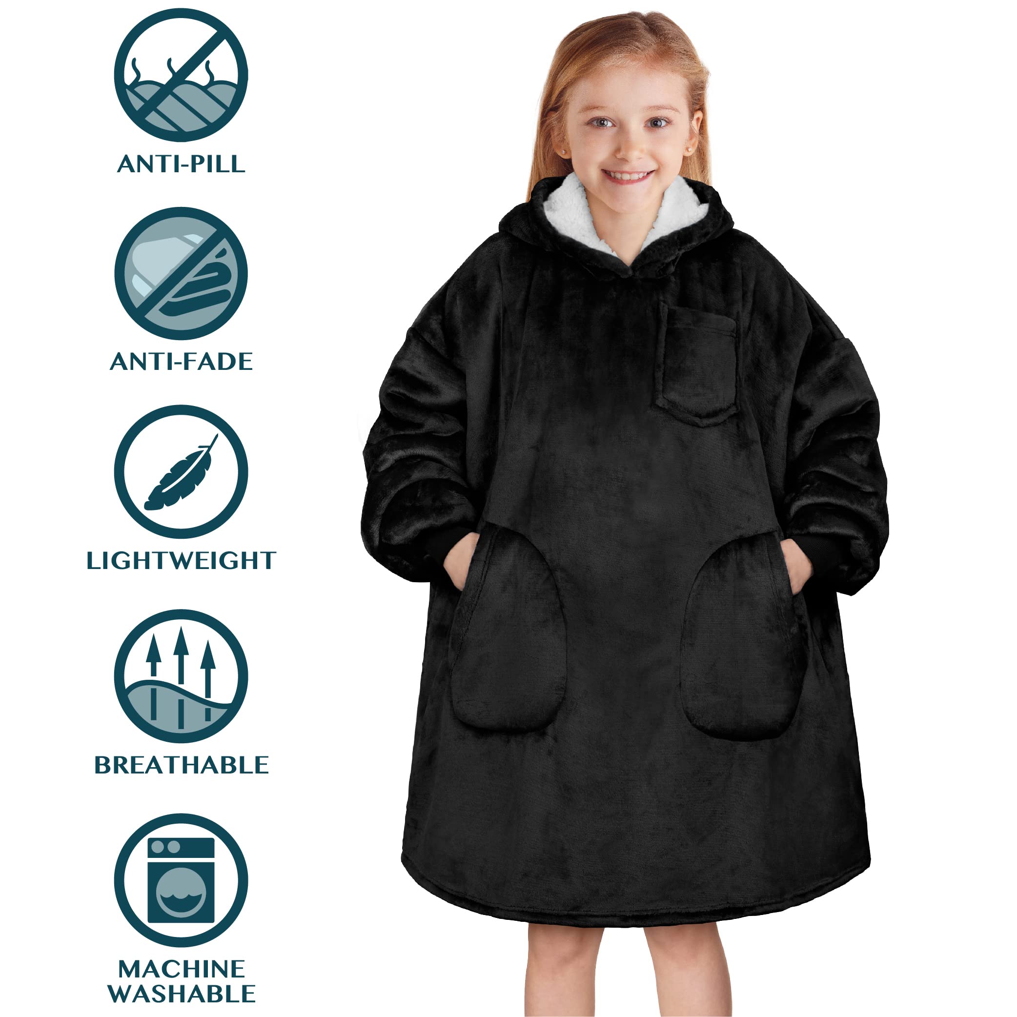 PAVILIA Wearable Blanket Sweatshirt for Kids Boy Girl, Warm Cozy Giant Hoodie with Two Pockets and Long Sleeves, Fleece Sherpa Oversized Hooded Blanket Pullover Gift for Teens Youths, Black