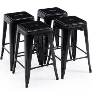 vogue furniture direct 24 inch metal bar stools, backless counter height barstools, indoor outdoor stackable stools with square seat, set of 4 (black)