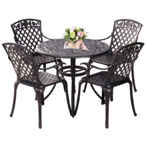 5pcs patio dining set outdoor furniture set, cast aluminum patio bistro table and chair set of 2 with umbrella hole,suitable for patio garden deck(antique bronze)