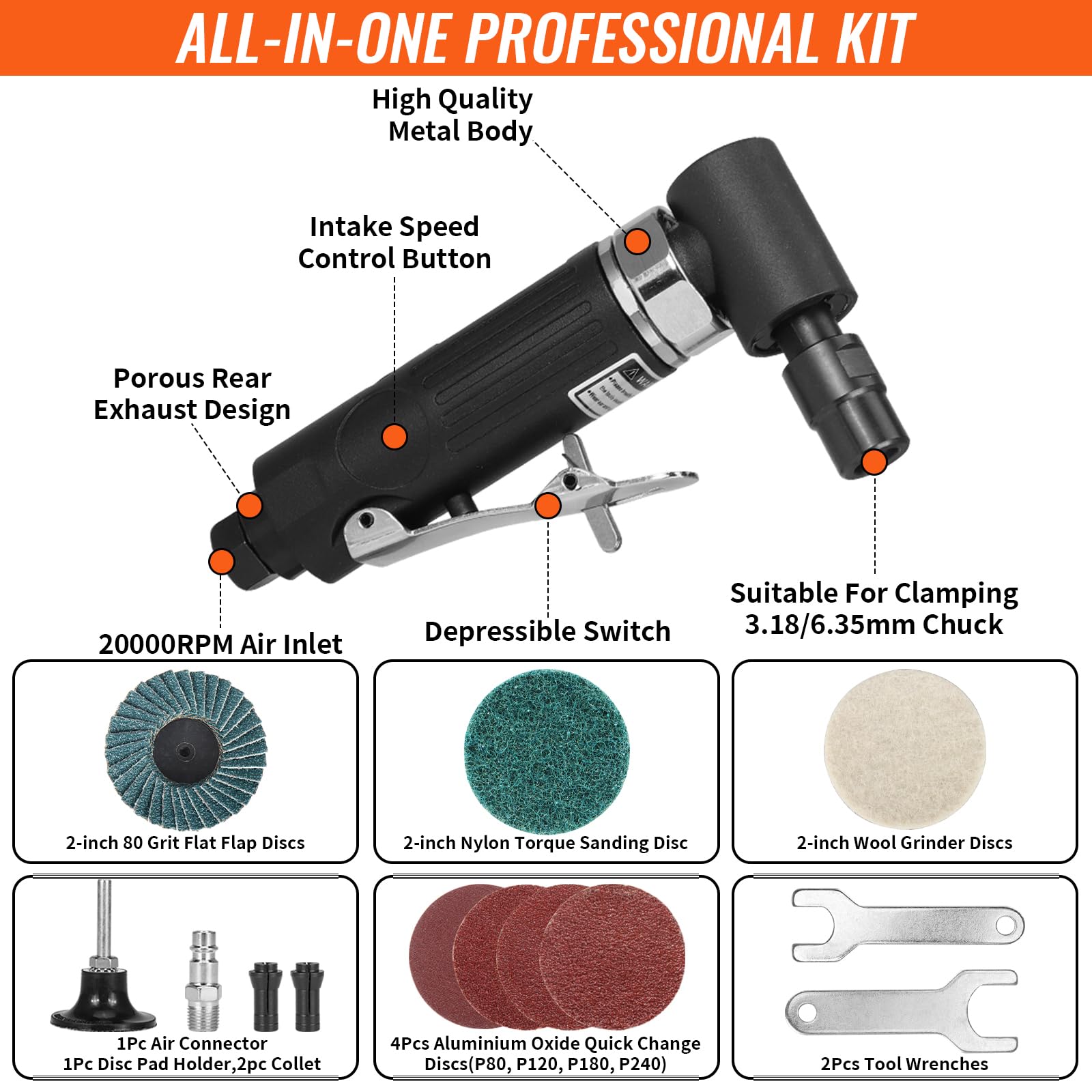 BAIWEN 1/4" Right Angle Air Die Grinder - 90 Degree Heavy Duty 20,000 RPM Compressed Sander Polisher Tool for Contour Grinding, Polishing, Milling, Cutting