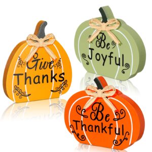 3 pcs fall wooden pumpkin sign fall thankful joyful thanks pumpkin tiered tray decor fall table signs harvest thanksgiving wood block sign for home party halloween decorations (orange, green, yellow)