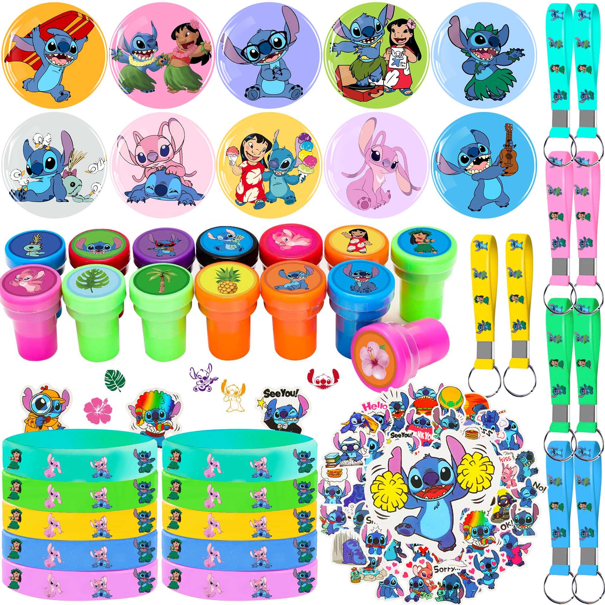 94Pcs Cartoon Party Supplies Birthday Party Favors, Include 10 Silicone Wristband,10 Button Pins,10 Key Chains,14 Stamps, 50 Stickers for Kids, Best for Goodie Bags