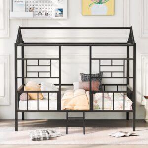 meritline house bed full size kids bed frame metal platform bed frame, no box spring needed, for girls boys - black