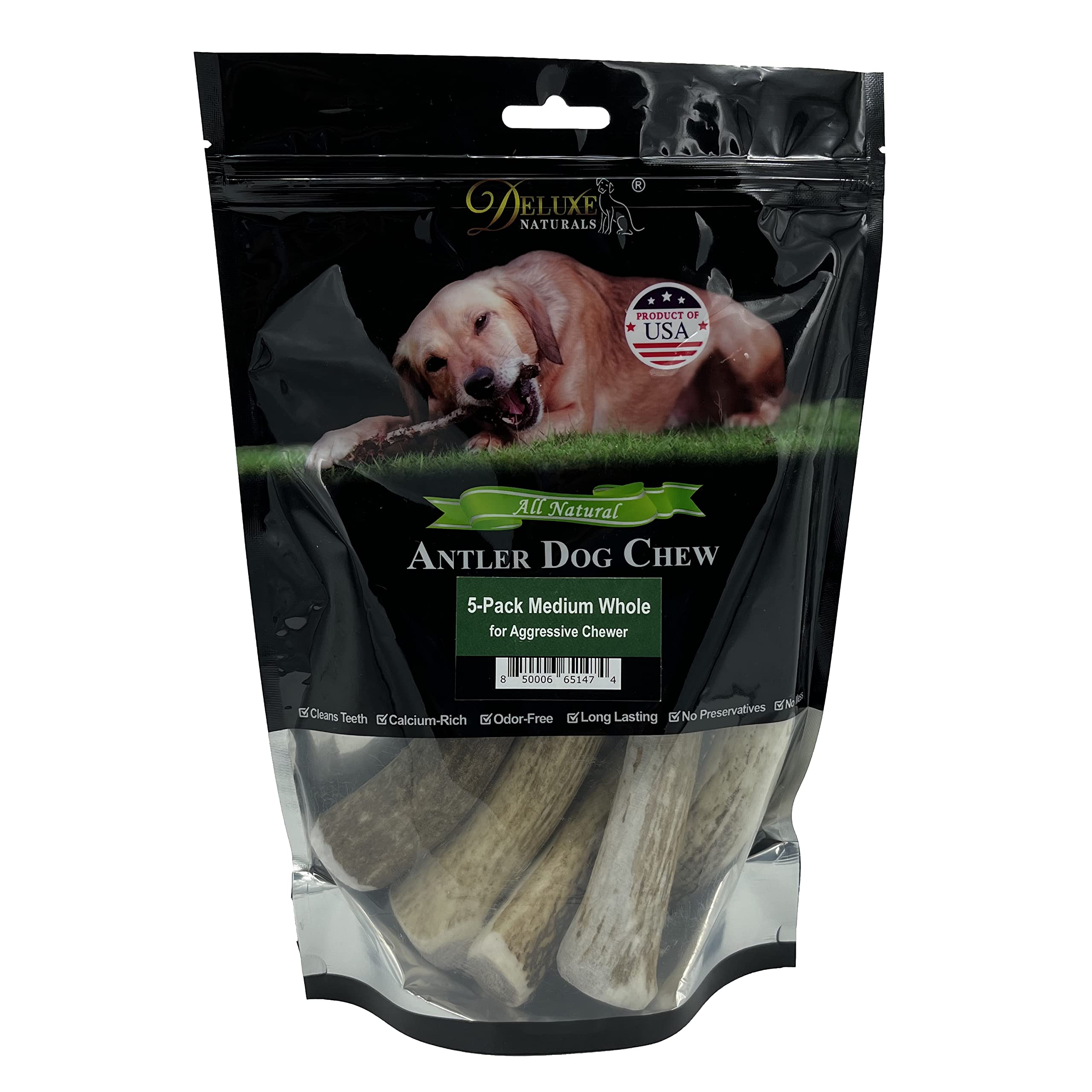 Deluxe Naturals Elk Antler Chews for Dogs | Naturally Shed USA Collected Elk Antlers | All Natural A-Grade Premium Elk Antler Dog Chews | Product of USA, 5-Pack Medium Whole