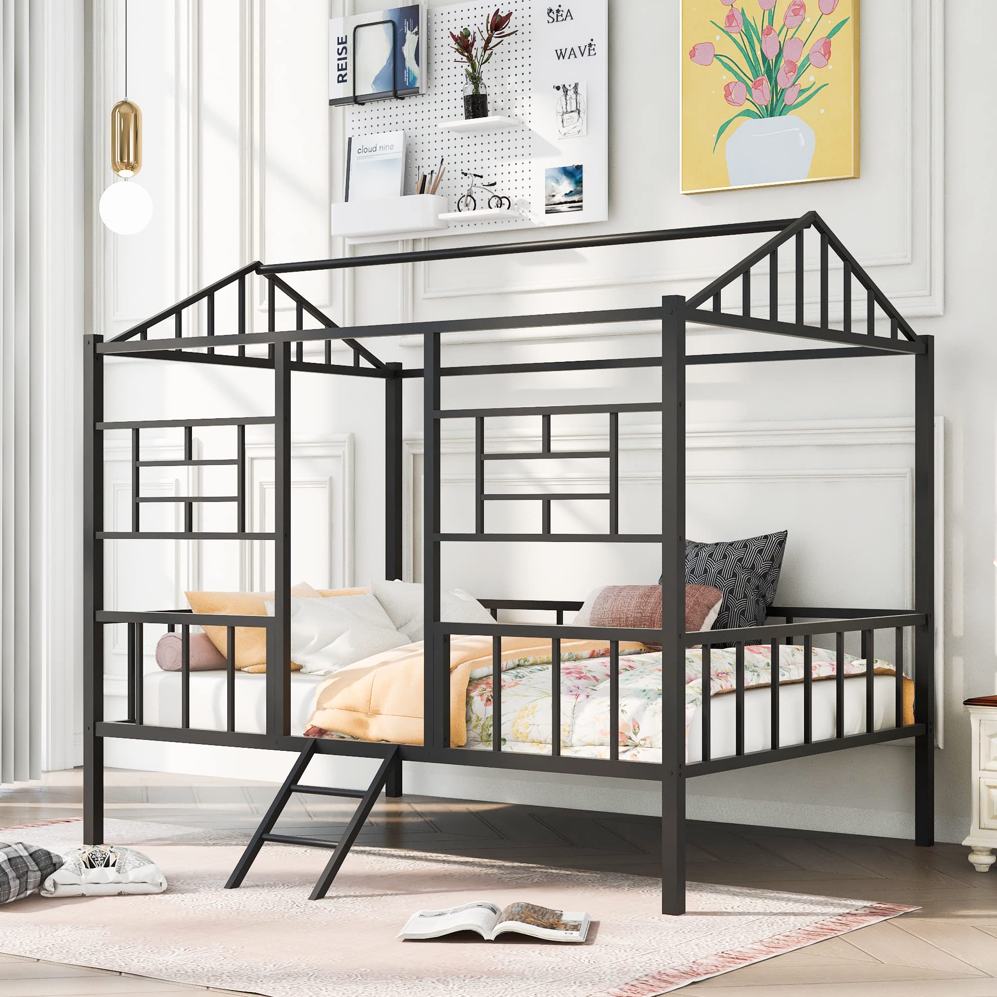 MERITLINE House Bed Full Size Kids Bed Frame Metal Platform Bed Frame, No Box Spring Needed, for Girls Boys - Black