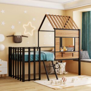 harper & bright designs kids house beds low loft bed frame with roof, window, guardrail and ladder, metal twin size loft bed for kids teens girls boys (twin, black)