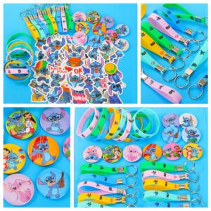 94Pcs Cartoon Party Supplies Birthday Party Favors, Include 10 Silicone Wristband,10 Button Pins,10 Key Chains,14 Stamps, 50 Stickers for Kids, Best for Goodie Bags