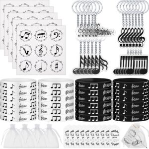 187 pieces music party favors with music notes silicone bracelets, metal musical note keychains, round label stickers, thank you tags and sheer organza bags for music theme party supplies decorations