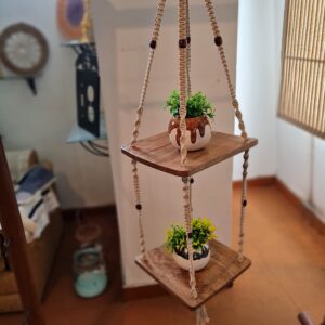 oam elegant hanging shelf - wood hanging shelves - farmhouse rope shelves for bedroom living room bathroom | hanging plant shelf - square 2 tier floating shelf (triangle mount) | black beads