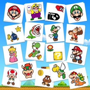 mario birthday party supplies, 34pcs temporary tattoos party favors, glow in the dark removable skin safe, fake tattoo stickers for goody bag treat bag stuff for mario birthday party gifts