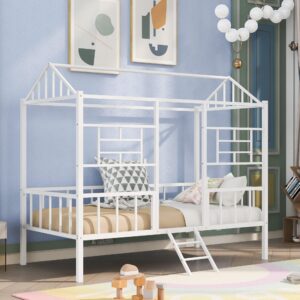 bellemave house bed twin size kids bed frame metal platform bed frame, no box spring needed, for girls boys (white)