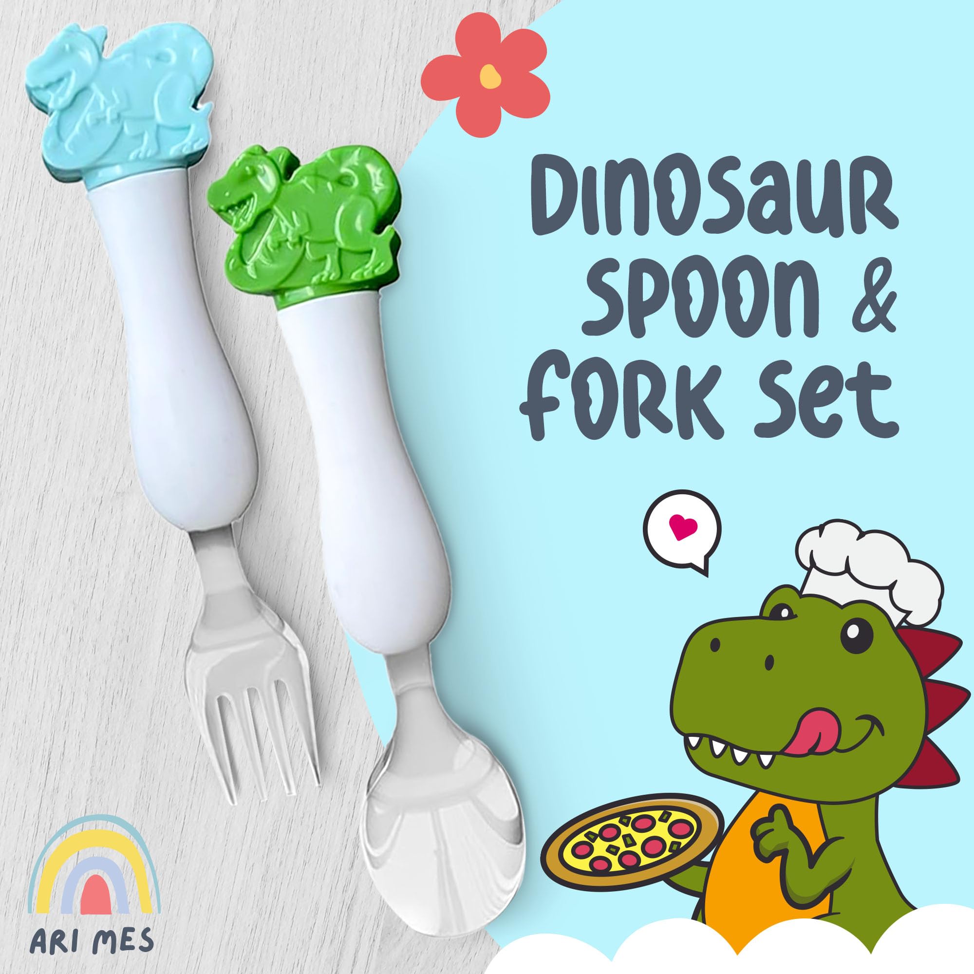 ARI MES - Toddler, Kid Utensils Set, Dinosaur Spoon and Fork Set for Toddlers, Kid Forks and Spoons, Easy-Grip Small Utensils, Dinosaur Utensils for Toddlers, Kid Spoons and Forks, Childrens Utensils