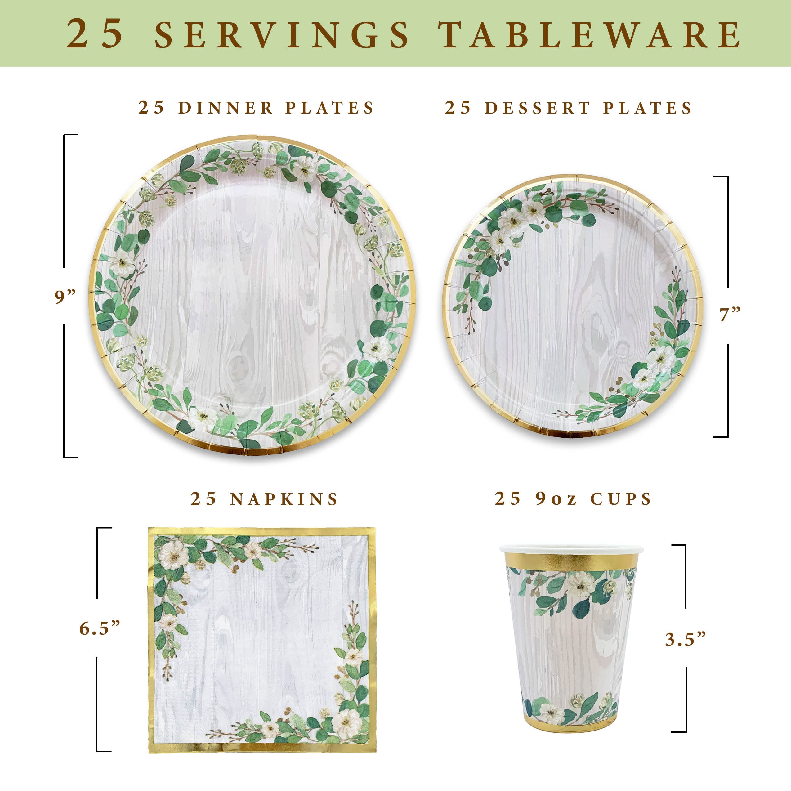 Woodland Sage Green Party Tableware with Paper Plates, Napkins, Disposable Cups, Gender Neutral Baby Shower, Boho Greenery, 25 Servings With Gold Foil, Bridal Shower, Birthday Supplies