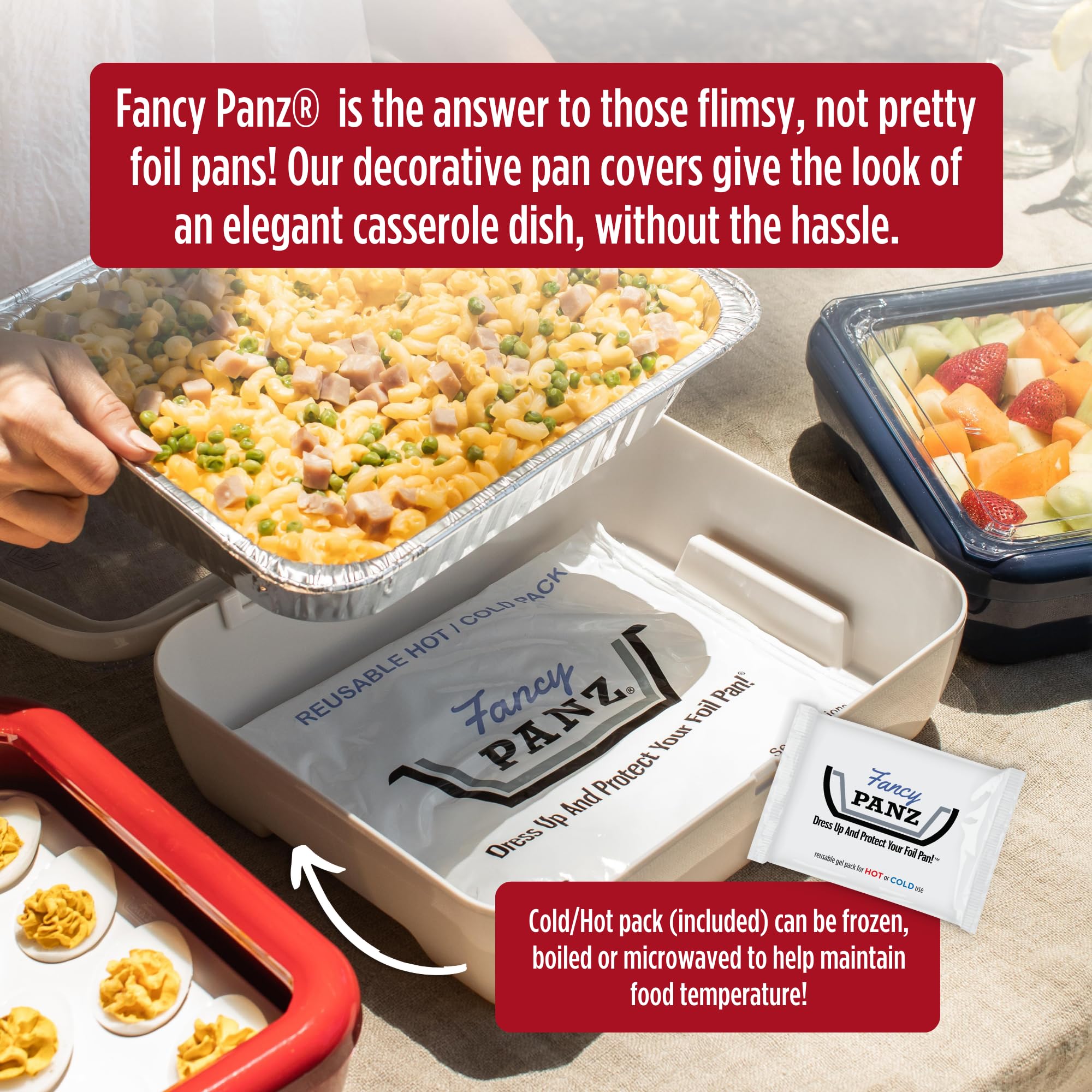 Fancy Panz Premium, Serving Tray for Food, Made in the USA Foil Pan Carrier, Stackable Aluminum Pan Holders, Travel Casserole Carrier, Red