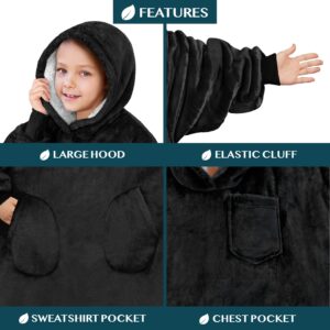 PAVILIA Wearable Blanket Sweatshirt for Kids Boy Girl, Warm Cozy Giant Hoodie with Two Pockets and Long Sleeves, Fleece Sherpa Oversized Hooded Blanket Pullover Gift for Teens Youths, Black