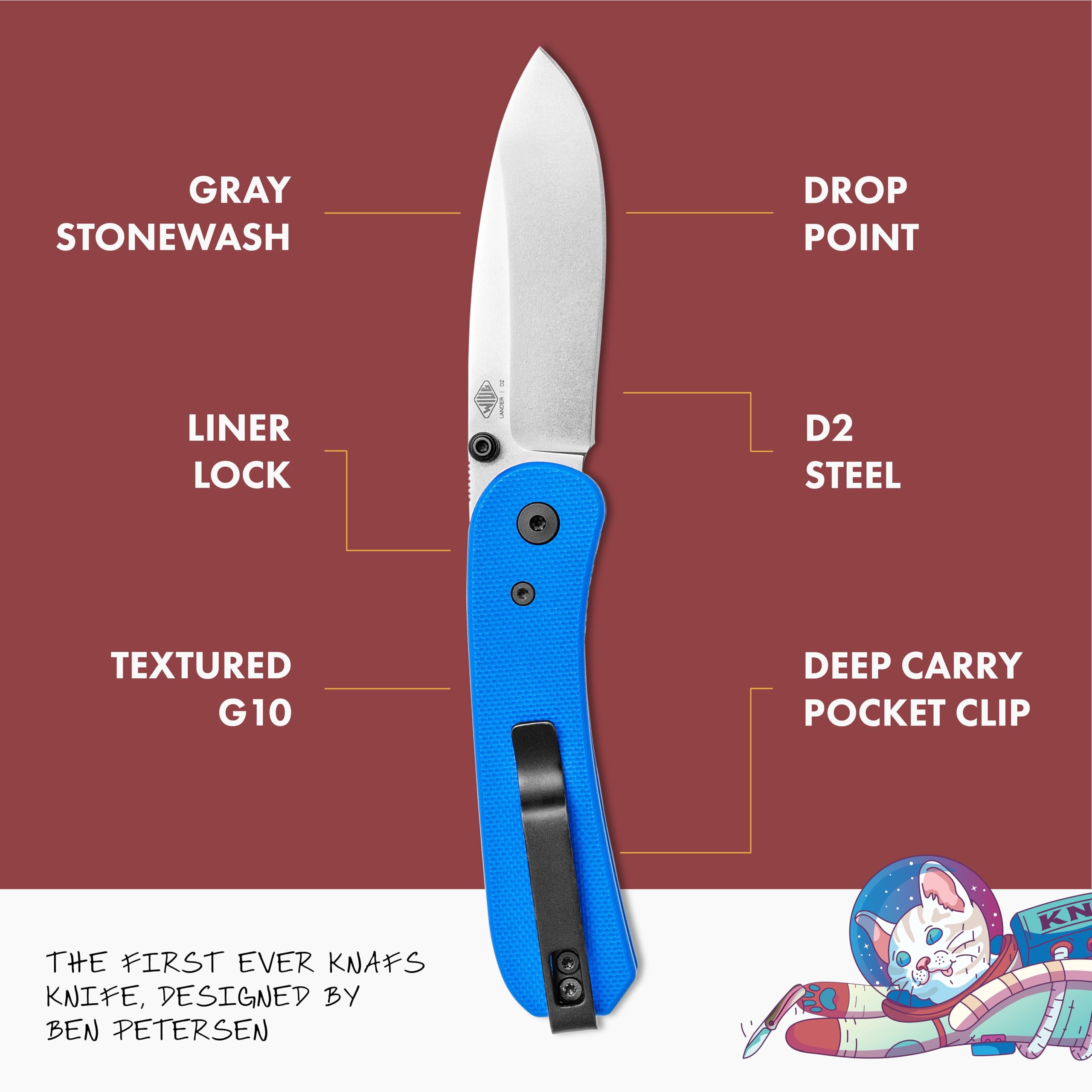 Knafs - Lander 1 Folding Pocket Knife with Clip - EDC for Men, Women, Everyone - Gray Stonewash Blade - Blue G10 Handle