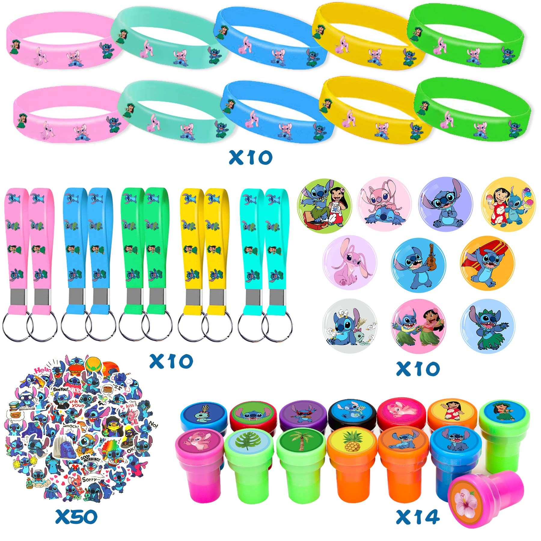 94Pcs Cartoon Party Supplies Birthday Party Favors, Include 10 Silicone Wristband,10 Button Pins,10 Key Chains,14 Stamps, 50 Stickers for Kids, Best for Goodie Bags