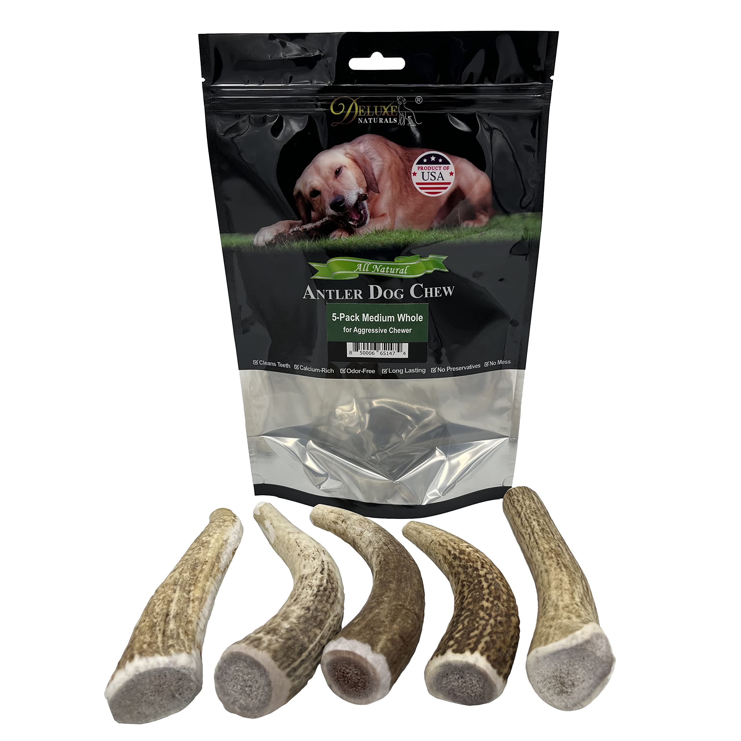 Deluxe Naturals Elk Antler Chews for Dogs | Naturally Shed USA Collected Elk Antlers | All Natural A-Grade Premium Elk Antler Dog Chews | Product of USA, 5-Pack Medium Whole