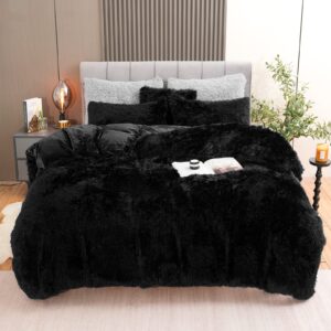 fluffy plush black duvet cover set, luxury ultra soft velvet fuzzy comforter cover bed sets 4pcs(1 faux fur duvet cover + 2 pillow cases + 1 pillow cover) zipper closure (queen, black)