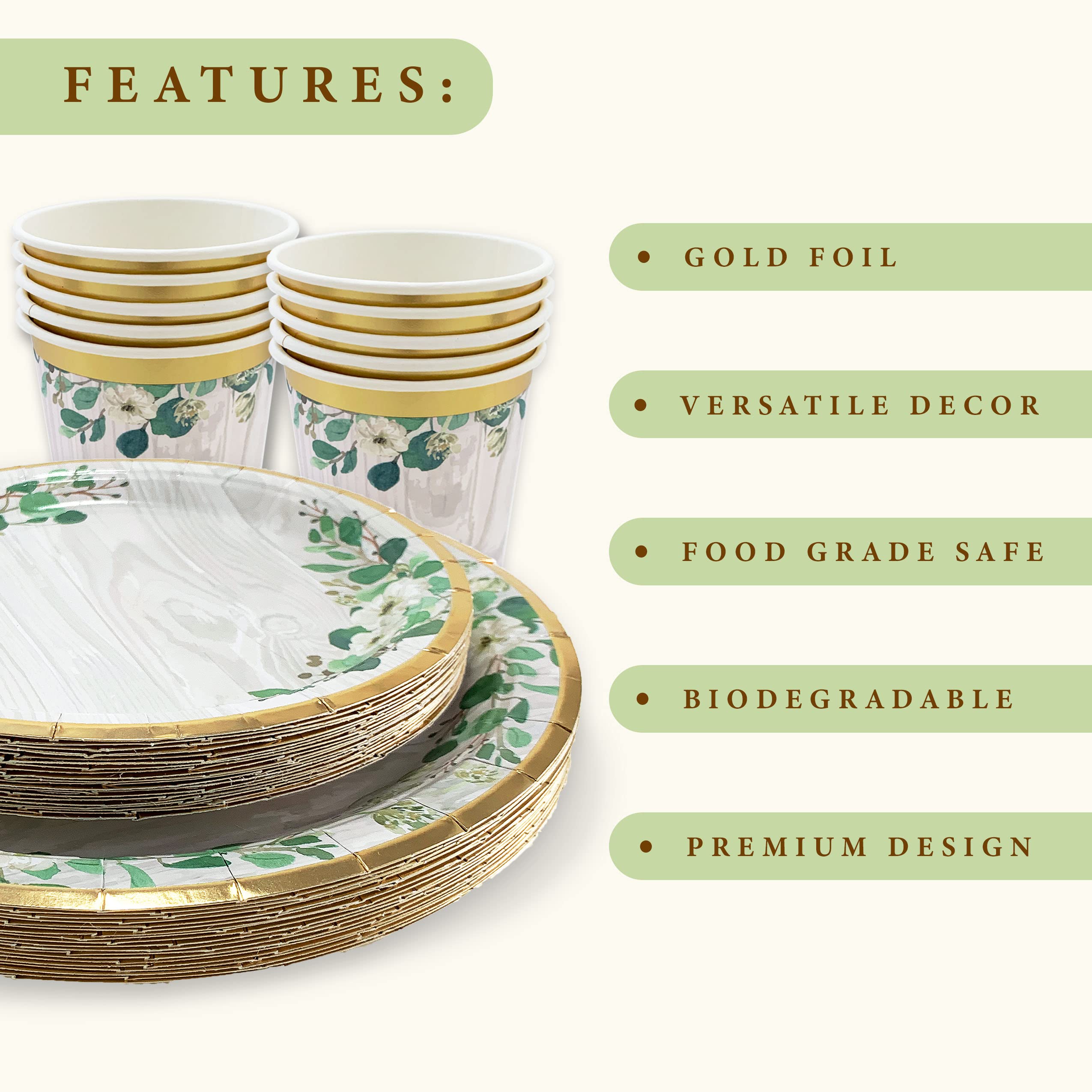 Woodland Sage Green Party Tableware with Paper Plates, Napkins, Disposable Cups, Gender Neutral Baby Shower, Boho Greenery, 25 Servings With Gold Foil, Bridal Shower, Birthday Supplies