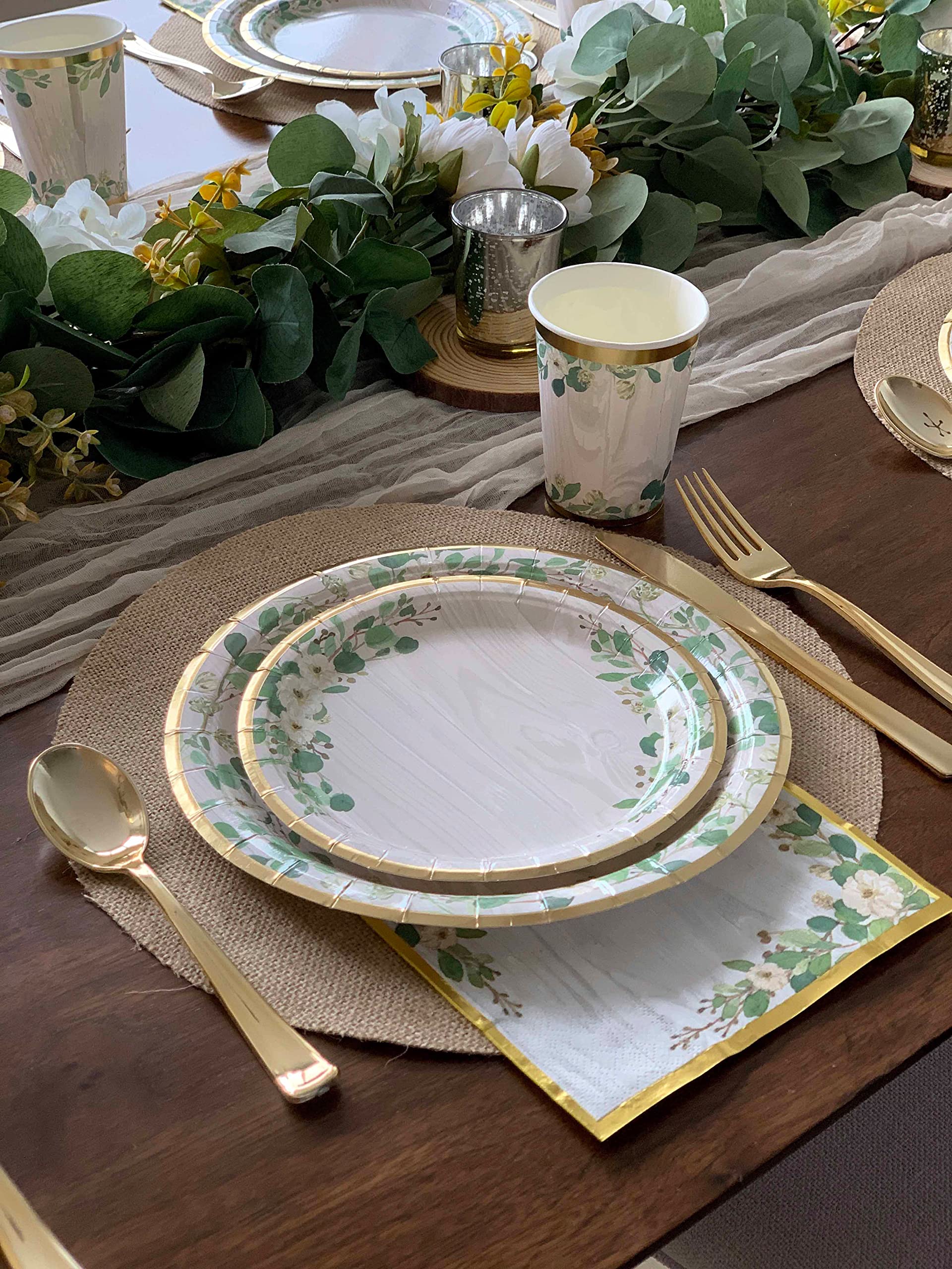 Woodland Sage Green Party Tableware with Paper Plates, Napkins, Disposable Cups, Gender Neutral Baby Shower, Boho Greenery, 25 Servings With Gold Foil, Bridal Shower, Birthday Supplies