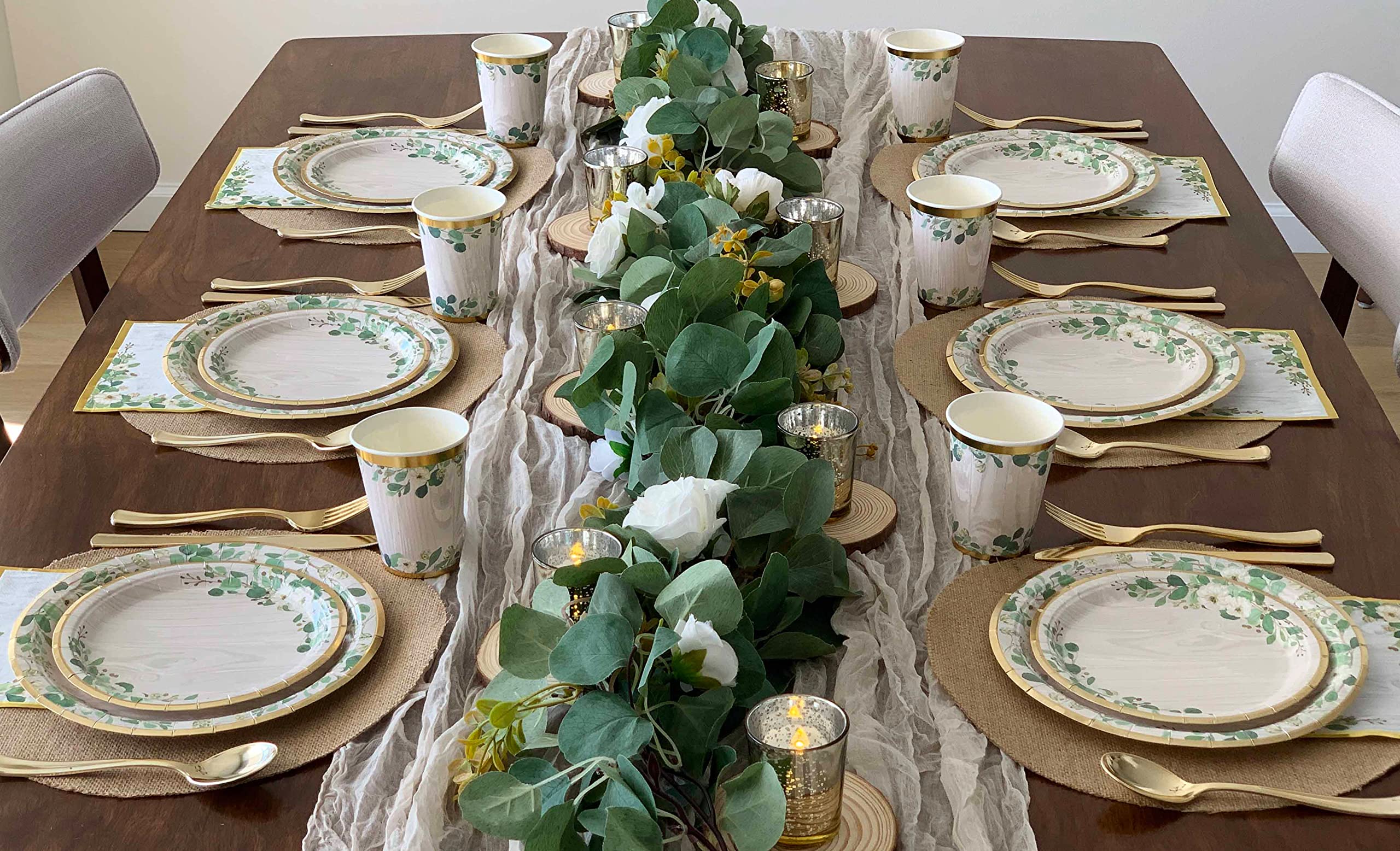 Woodland Sage Green Party Tableware with Paper Plates, Napkins, Disposable Cups, Gender Neutral Baby Shower, Boho Greenery, 25 Servings With Gold Foil, Bridal Shower, Birthday Supplies