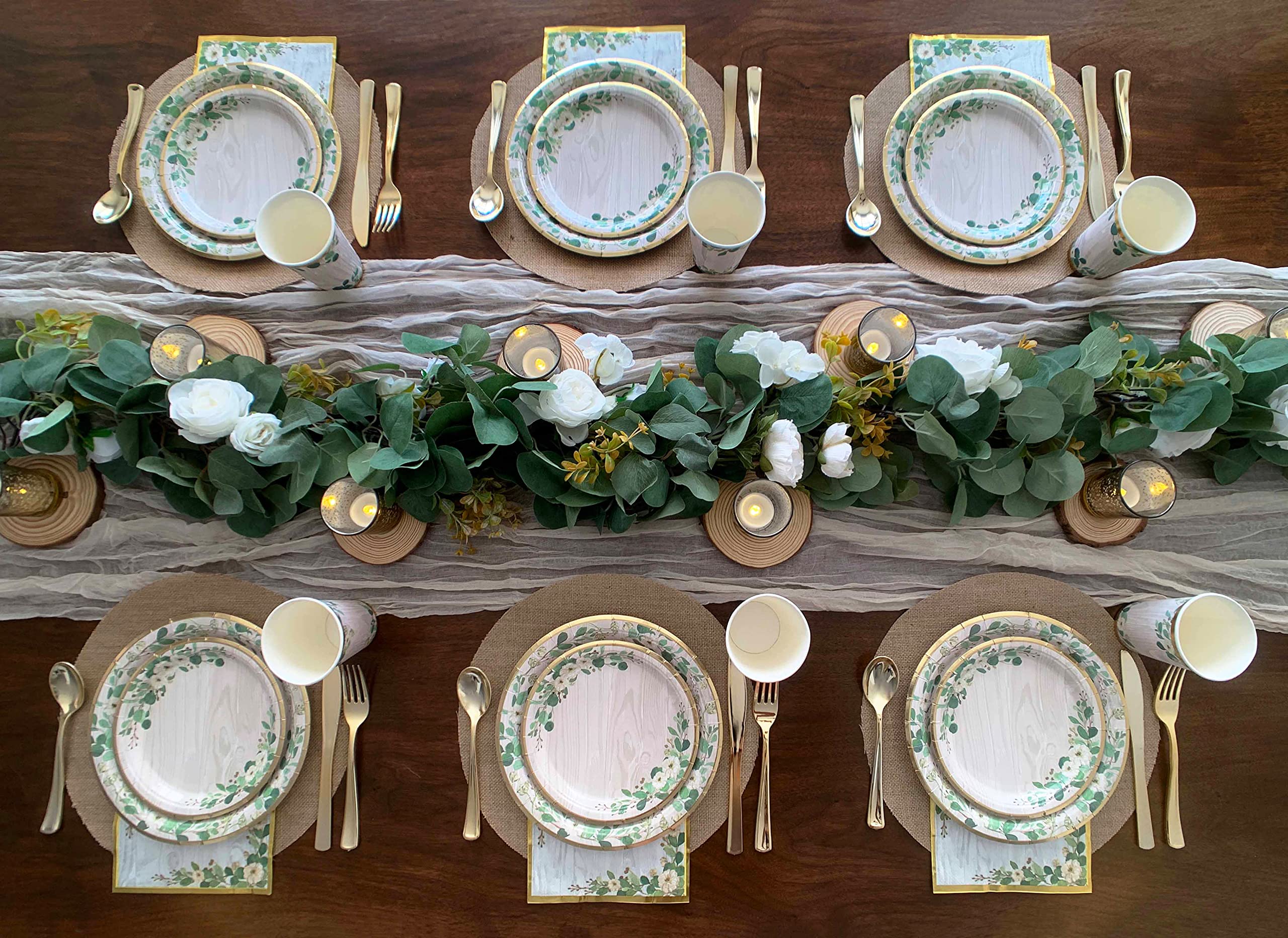 Woodland Sage Green Party Tableware with Paper Plates, Napkins, Disposable Cups, Gender Neutral Baby Shower, Boho Greenery, 25 Servings With Gold Foil, Bridal Shower, Birthday Supplies