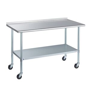 stainless steel table for prep & work with caster & backsplash 30x60 inches, nsf metal commercial kitchen heavy duty table with adjustable under shelf and table foot for restaurant, home and hotel