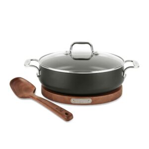 all-clad ha1 hard anodized nonstick sauteuse pan with acacia trivet and spoon 4 piece, 4 quart induction oven broiler safe 500f, lid safe 350f pots and pans, cookware black