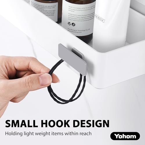 YOHOM White Adhesive Bathroom Caddy Organizer for Tile Wall Mounted Stick on Shower Caddy Floating Shelf Plastic Shampoo Holder with Hook