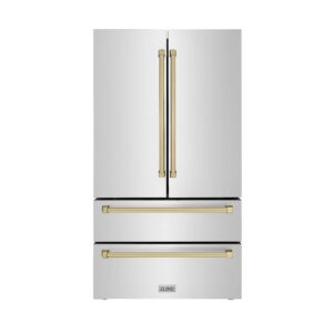 zline 36" autograph edition 22.5 cu. ft 4-door french door refrigerator with ice maker in fingerprint resistant stainless steel with champagne bronze traditional handles (rfmz-36-cb)