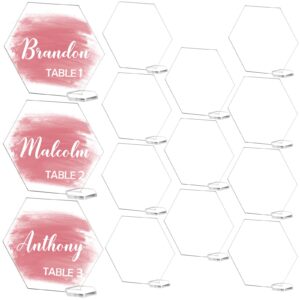 30 pcs clear hexagon acrylic place cards with holders, diy blank acrylic name place cards acrylic signs, freestanding acrylic wedding guest names escort cards for wedding party dinner table setting