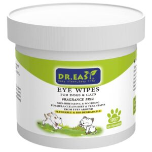 dr.easy pet eye wipes 120 ct for dog cat horse & rabbit grooming,tear stain remover,puppy kitty eye wash,remove dirt crust dried mucus discharge secretions, unscented soft & gentle,plant based formula