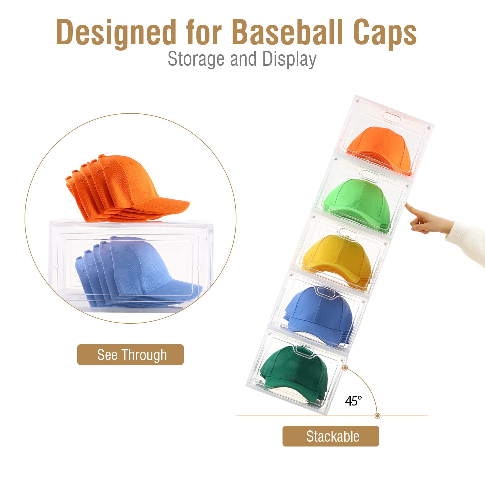 8 Pack Hat Organizer for Baseball Caps,Clear Plastic Baseball Cap Organizer with Magnetic Door,Stackable Hat Storage for Baseball Caps, Easy to Assemble Stylish Hat Display Case,Hat Box,Hat Rack