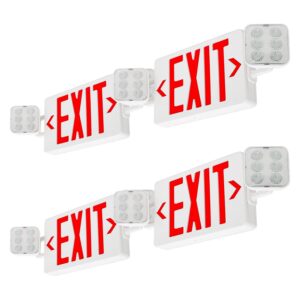 ostek 4 pack red led exit sign with emergency light, two led adjustable head emergency exit lights with 90 minutes battery backup, dual led lamp abs fire resistance ul-listed (4)