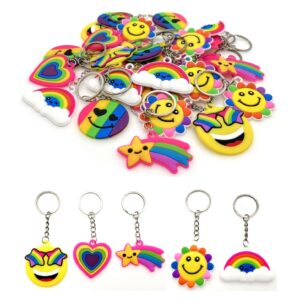 jzk 30 pcs rainbow keyrings set for kids, rubber smile face keychains for children birthday party favours, kids party bag fillers thankyou gift